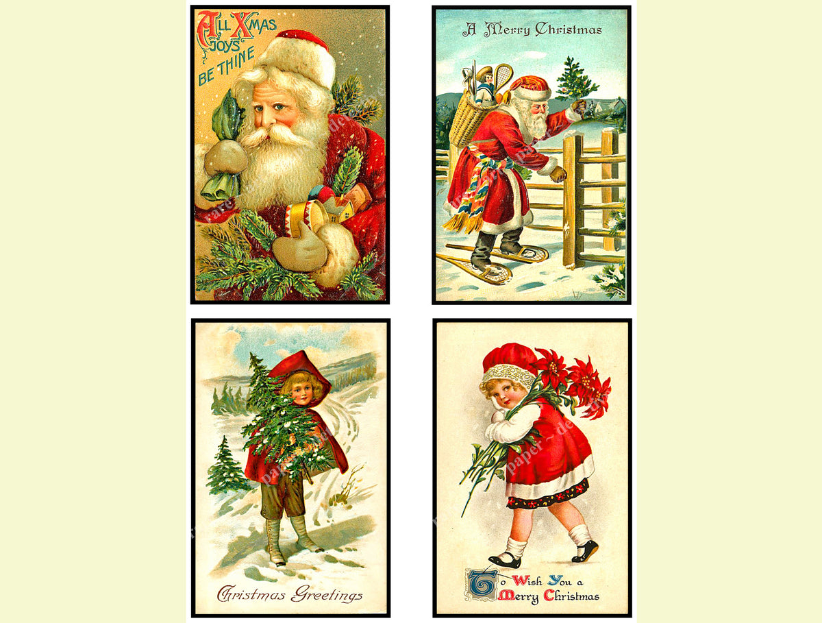 Vintage Christmas Postcard Stickers, 4 Pcs. Set of Old Fashioned Postc ...