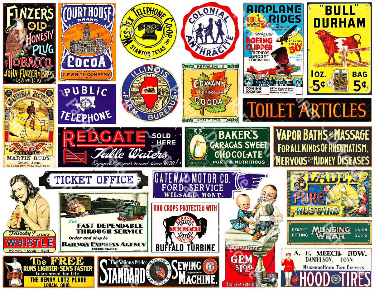 Miniature Advertising Signs, General Store Stickers Featuring a Vintag ...