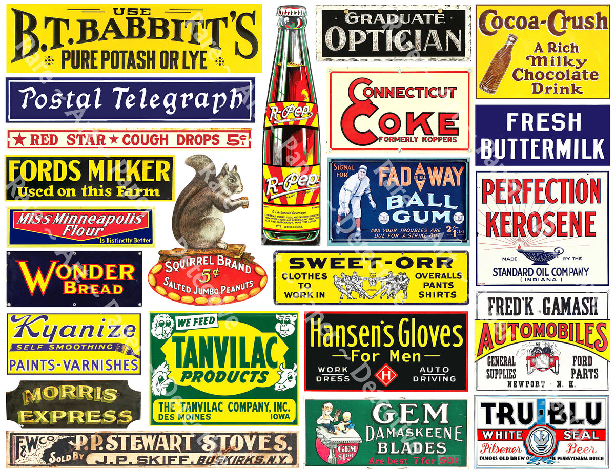 Miniature Advertising Signs, General Store Stickers Featuring a Vintag ...