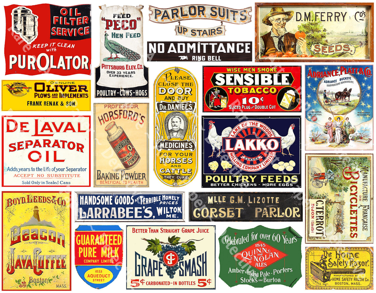 Advertising Signs for Dioramas, General Store Stickers Featuring a Vin ...