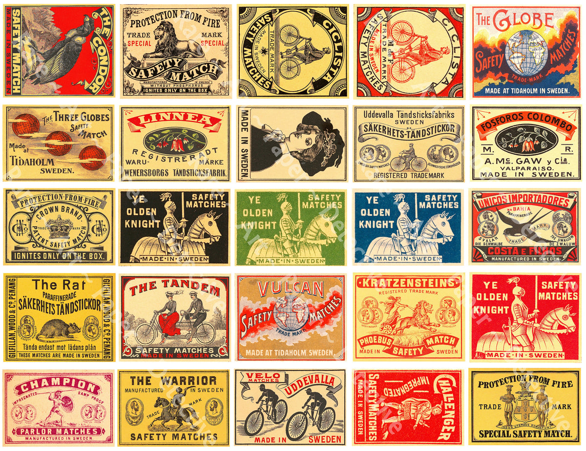 Vintage Safety Match Label Stickers, Authentic Sizes, 2" wide each, 25 ...