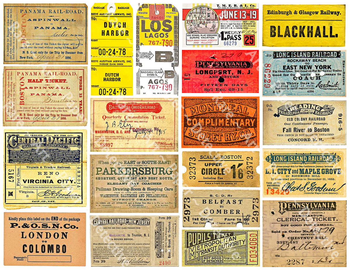 Railroad Ticket Stubs, Reproduction Sticker Sheet for the Hobbyist, Tr ...