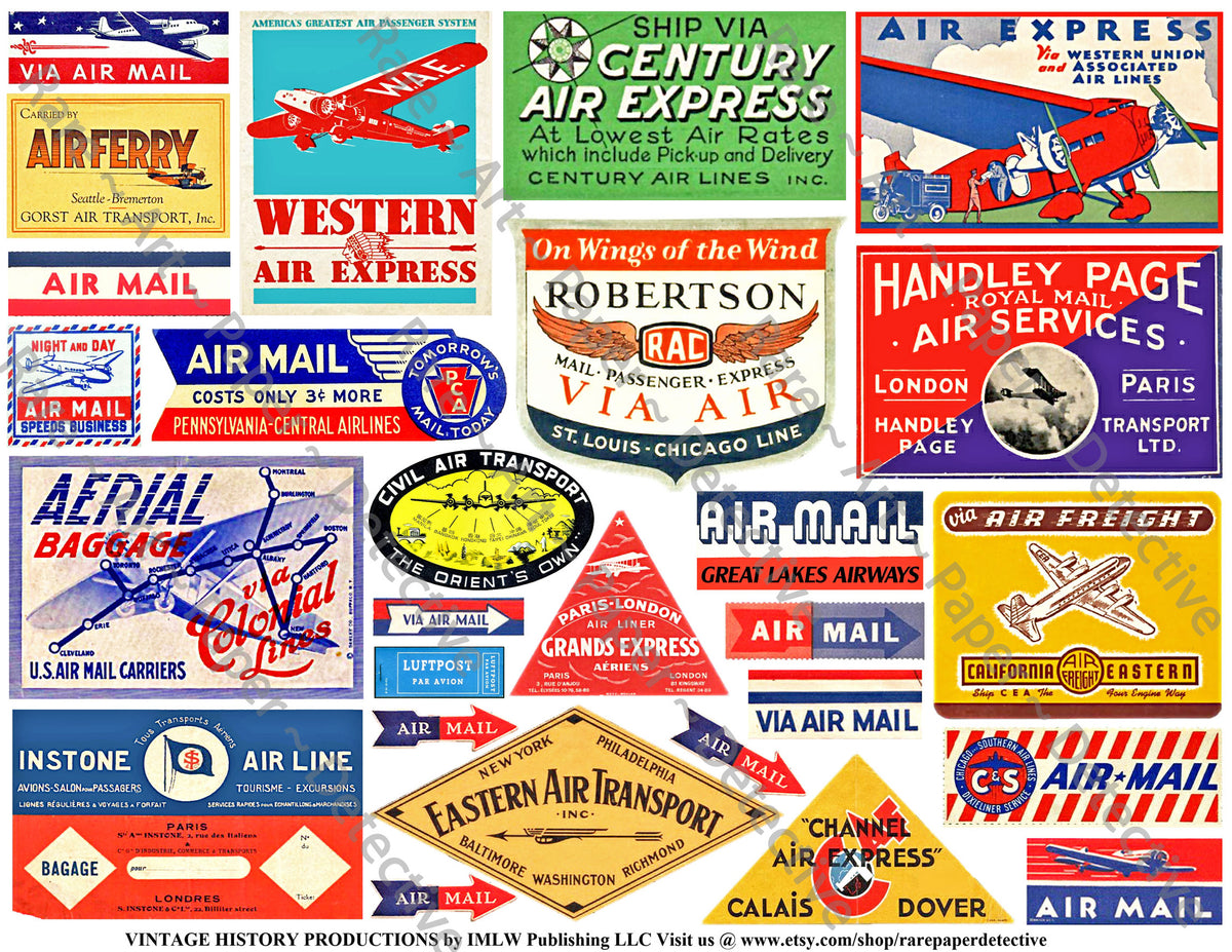 Airmail Labels & Airline Baggage Tag Sticker Sheet, 25 Authentic Trave ...