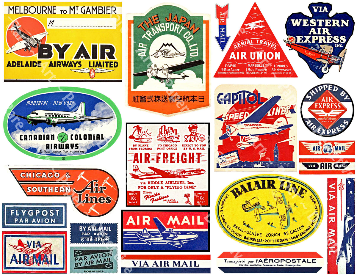 Airmail Label & Airline Baggage Tag Sticker Sheet, 21 Authentic Travel ...