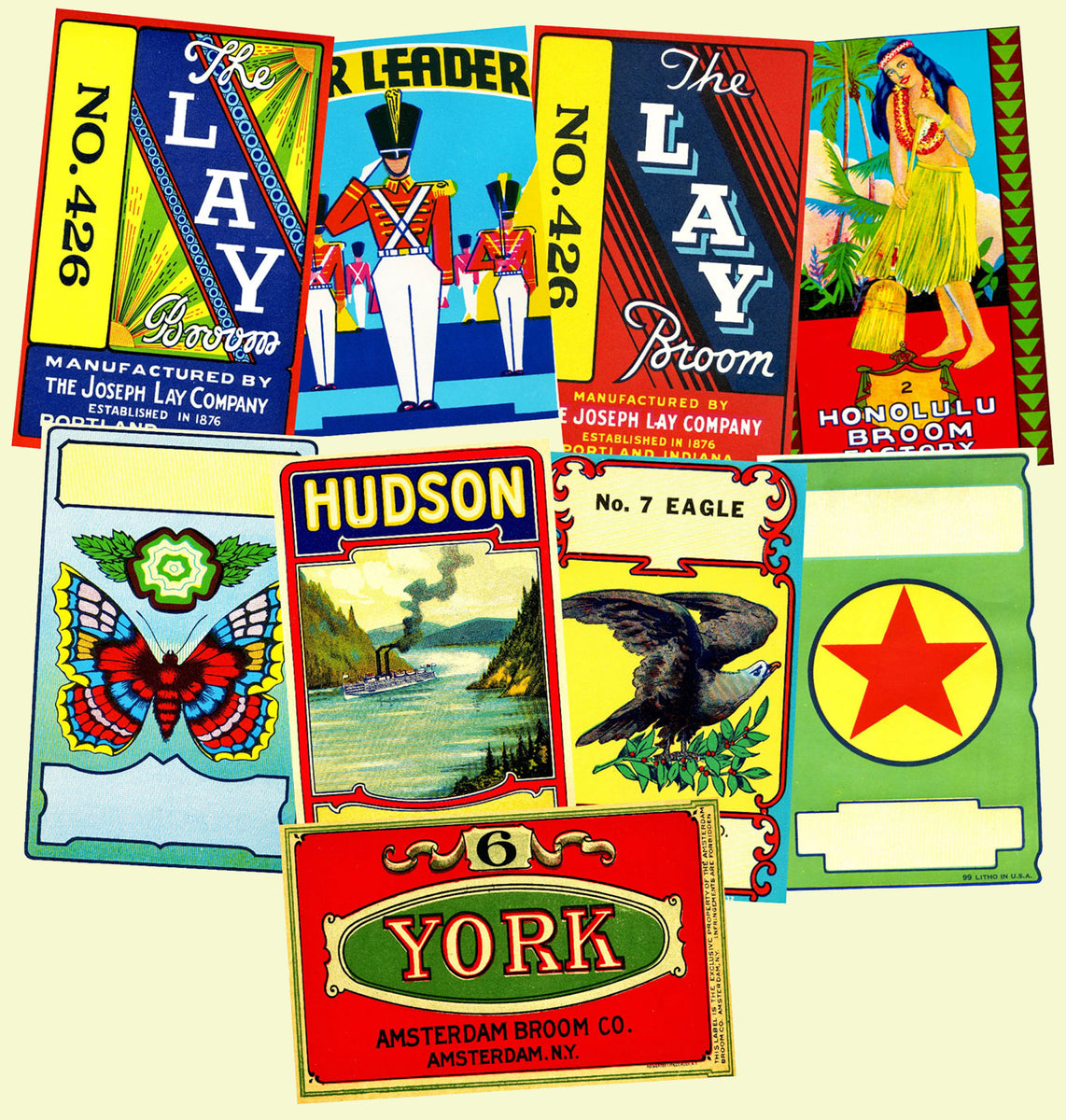 Vintage Label Art Stickers, 9 Pcs. Colorful Broom Labels, Great for Ju ...