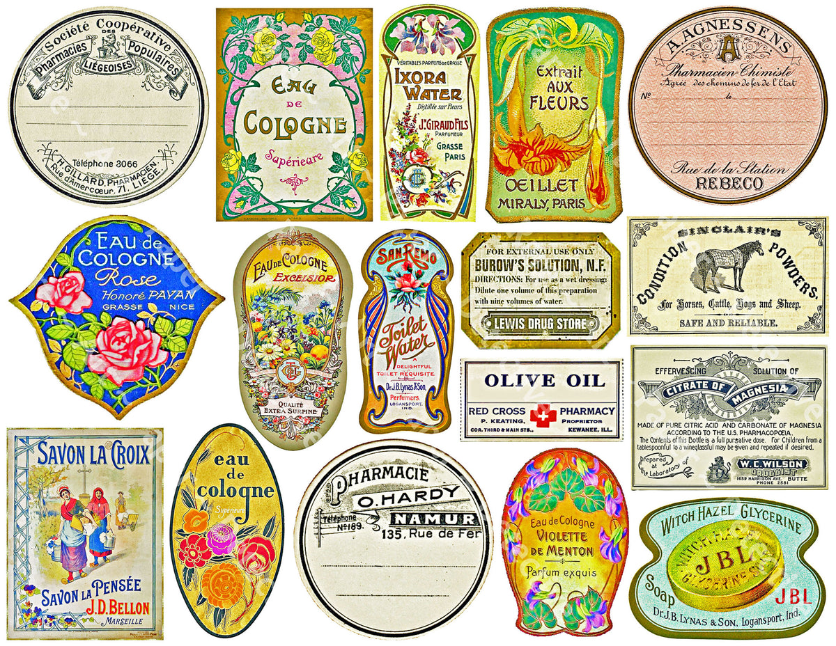 French Chemist & Apothecary Sticker Sheet, 17 Elegant Perfume, Cologne ...