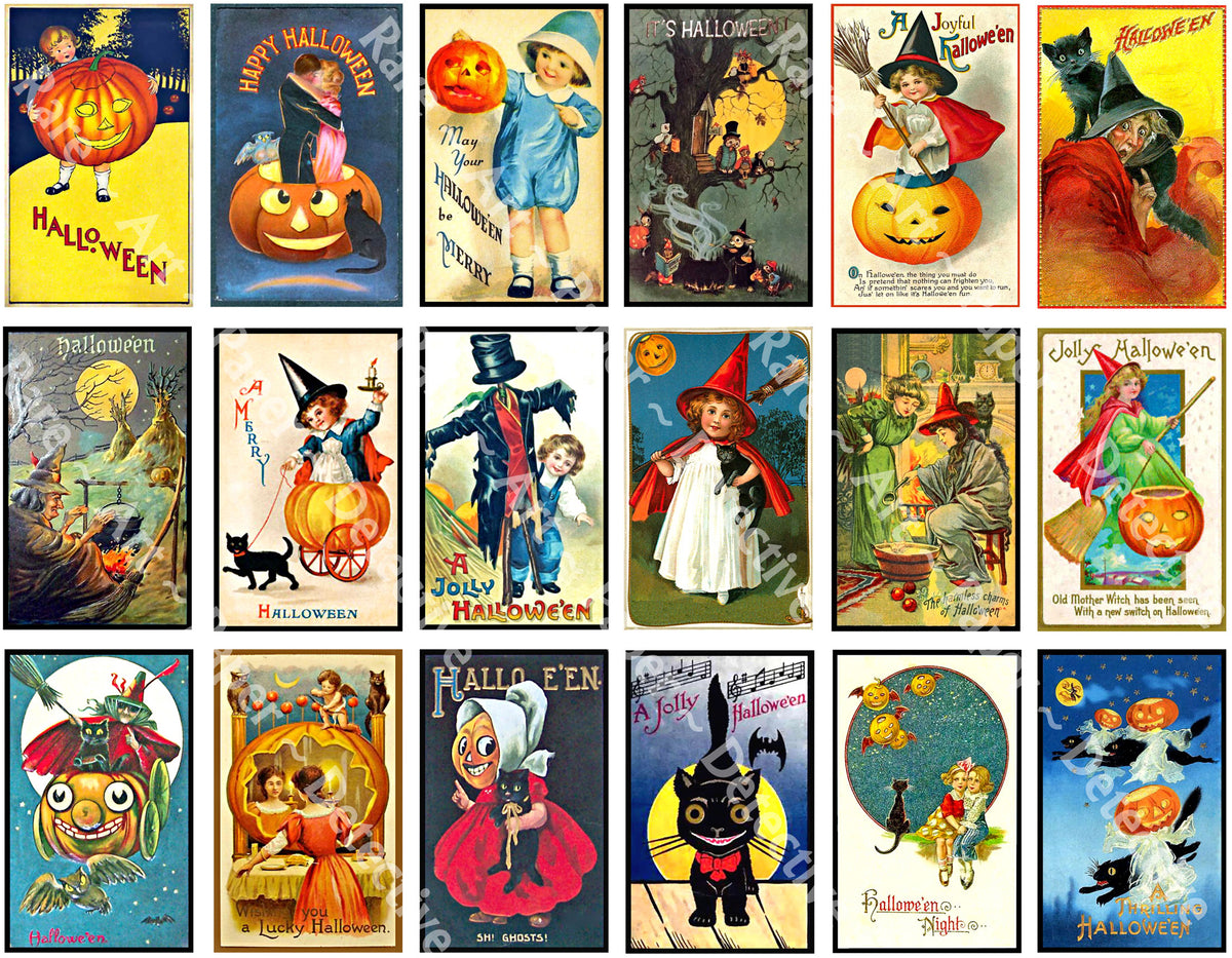 18 Halloween Clip Art Stickers, Mini Victorian Halloween Postcard Imag ...